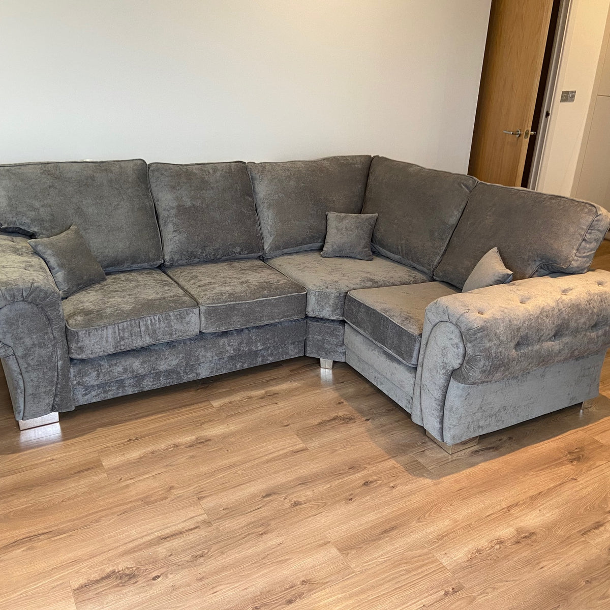Charlotte Small Corner Full Back Sofa (Available in Chenille Grey or B